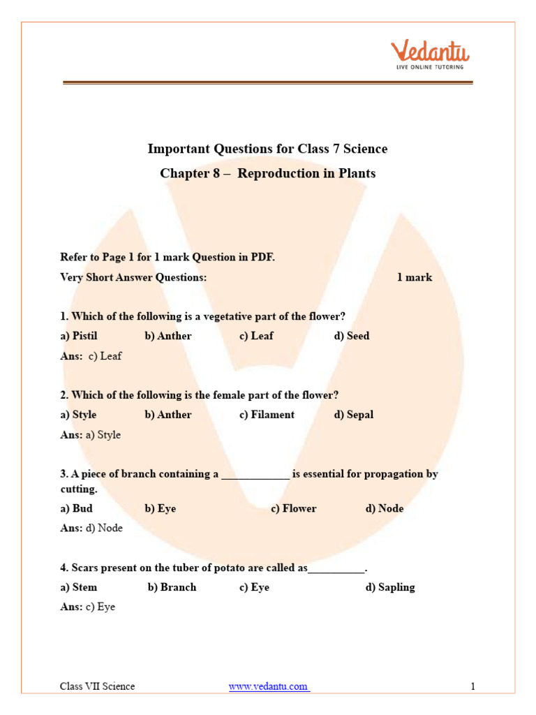 Important Questions For CBSE Class 7 Science Chapter 8 - Reproduction ...