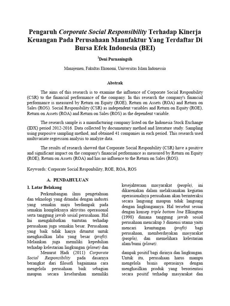 Pengaruh Corporate Social Responsibility Terhadap Kinerja Keuangan Pada Perusahaan Manufaktur ...