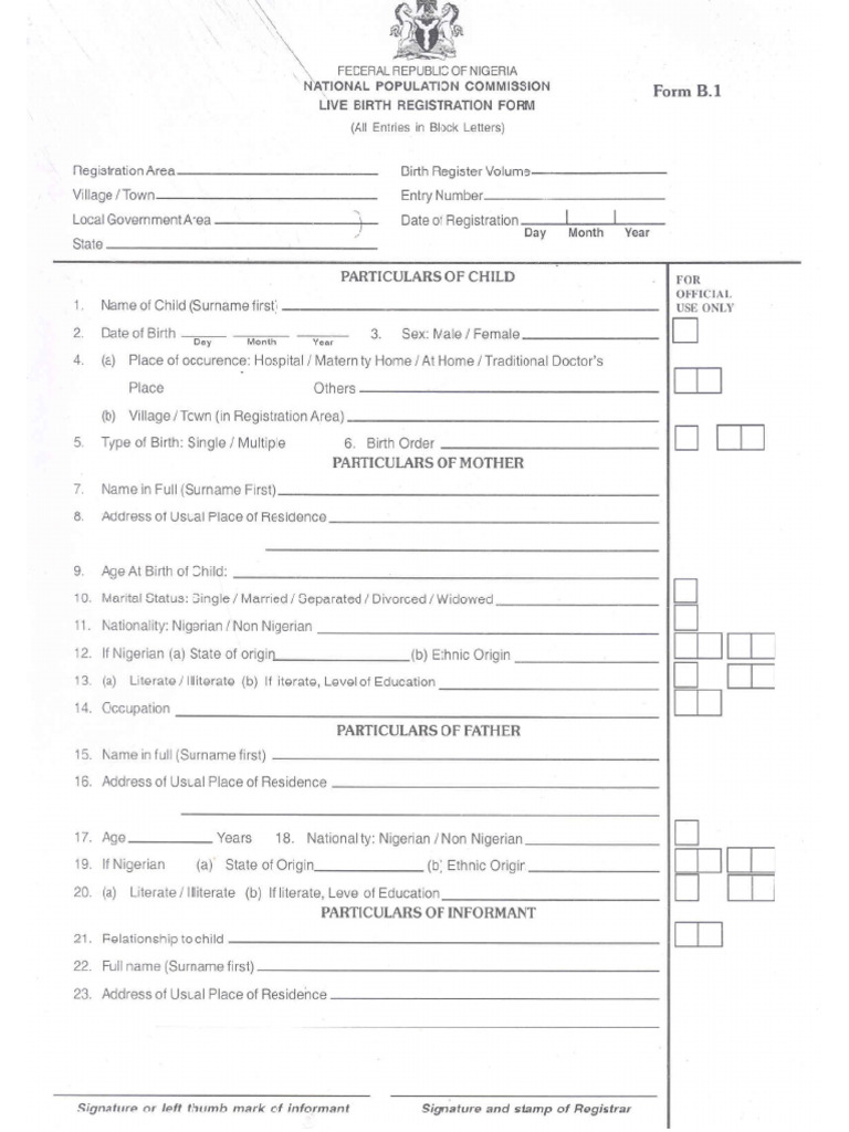 Birth Registration Form - Nigeria | PDF