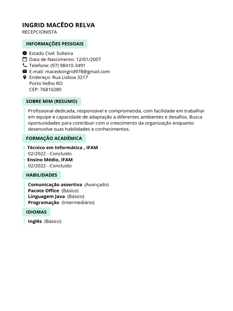 Currículo de Ingrid Macedo Relva | PDF