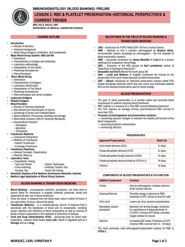 BB - Lesson 1 RBC & Platelet Preservation | PDF | Blood Transfusion | Red Blood Cell