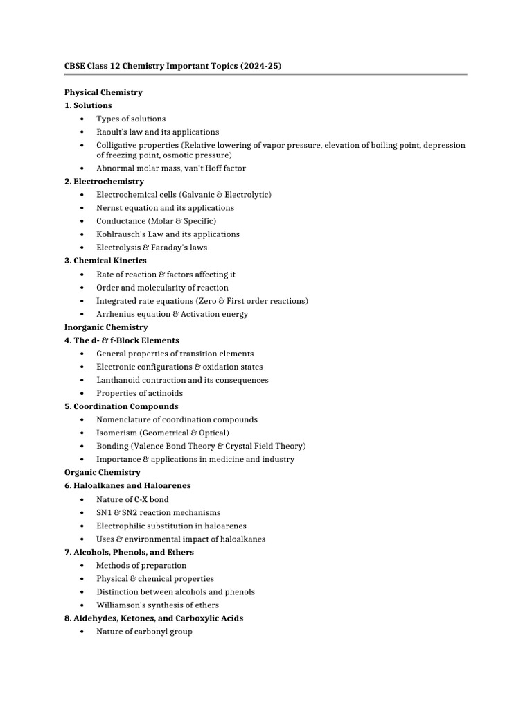 CBSE Class 12 Chemistry Important Topics | PDF | Chemical Reactions ...