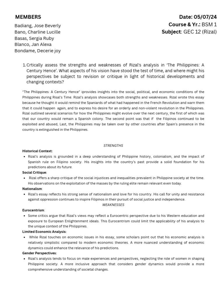 Rizal (activity 2) | PDF | Philippines | Economics