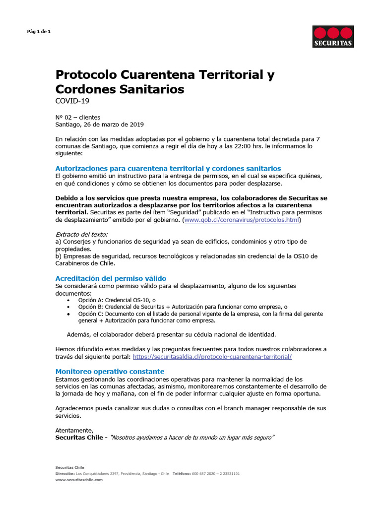 Protocolo Cuarentena Securitas Chile | PDF | Santiago