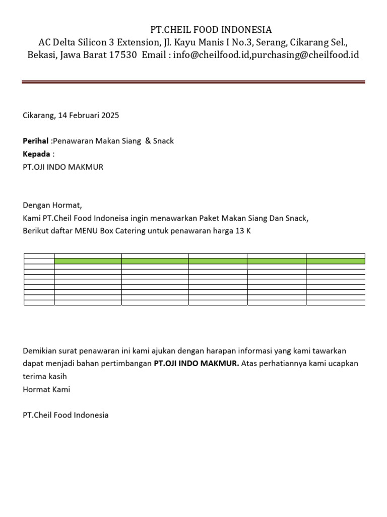 Surat Penawaran Harga Menu Box PT - Oji | PDF