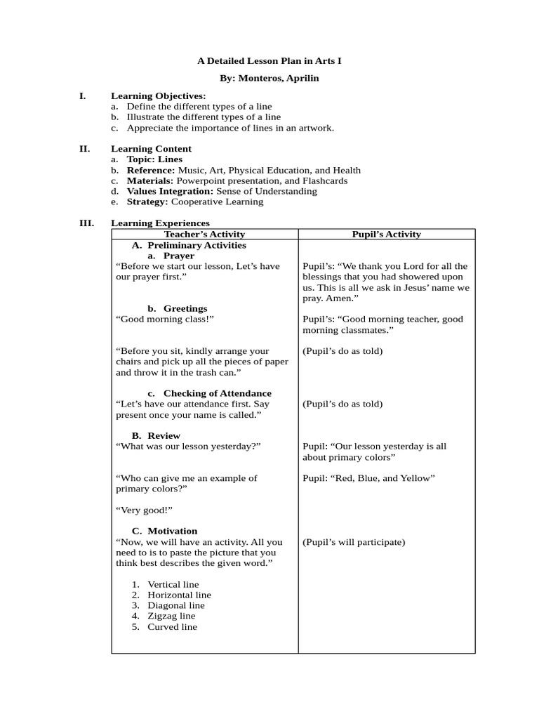 Lesson Plan: Types of Lines in Art | PDF | Line (Geometry) | Lesson Plan