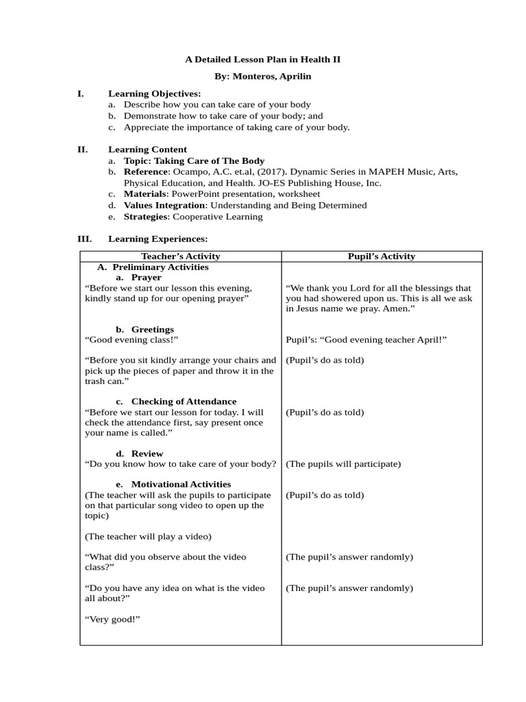 A Detailed Lesson Plan in Health 2 | PDF | Toothbrush | Shampoo
