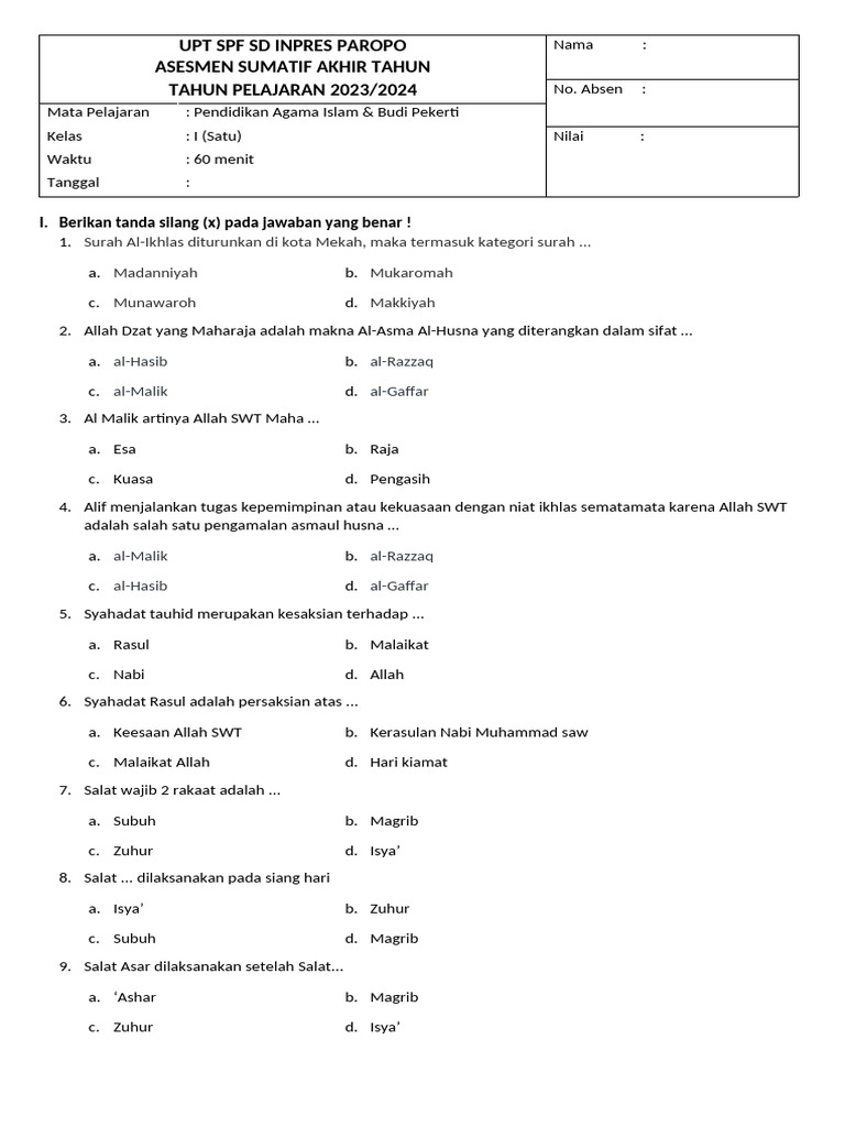 Soal PAT PAI Kelas 1 K13 | PDF