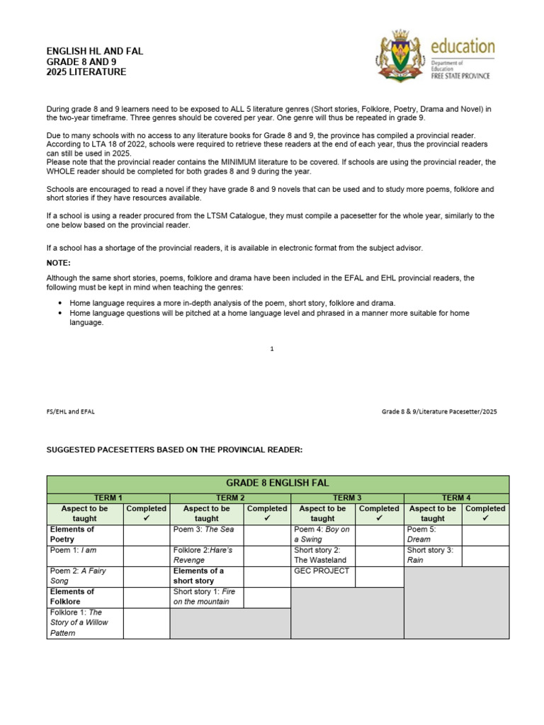 EFAL and EHL GR 8 and 9 Literature Pacesetter 2025 | PDF | Poetry | Written Communication