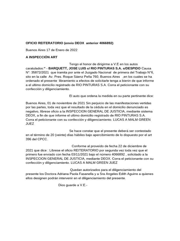 OFICIO Barquett Reiteratorio 1 | PDF