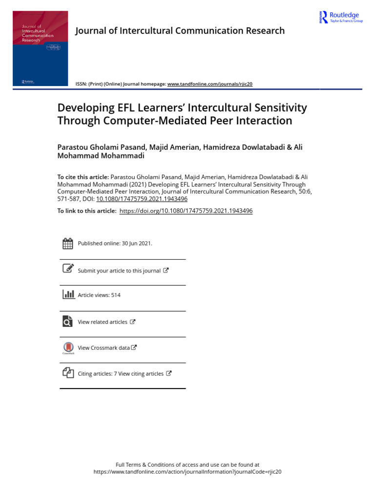 Developing EFL Learners Intercultural Sensitivity Through Computer-Mediated Peer Interaction ...