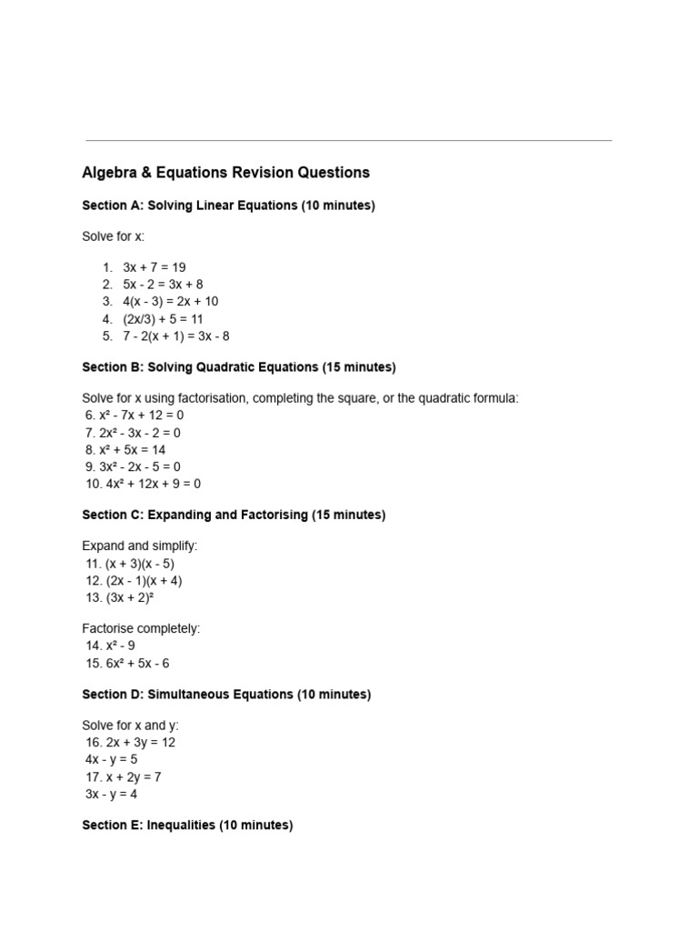 Algebra & Equations Revision Questions | PDF