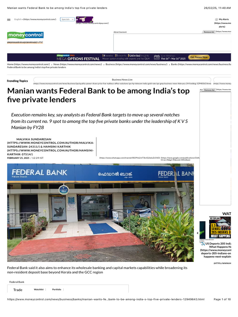 Manian Wants Federal Bank to Be Among India’s Top Five Private Lenders | PDF | Banks | Loans