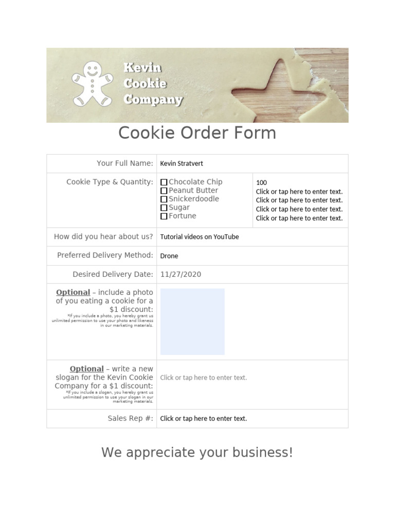 Kevin Cookie Company - Order Form | PDF
