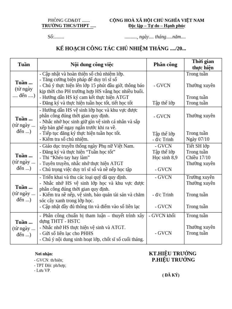 KE HOACH CONG TAC CHU NHIEM THANG | PDF