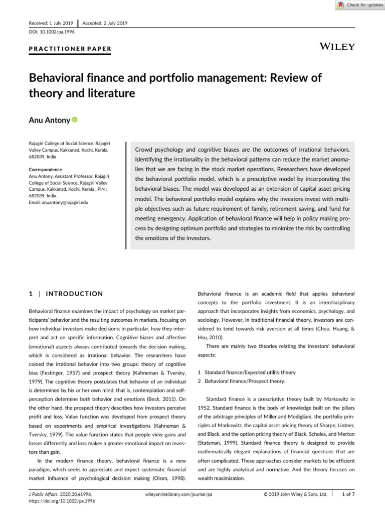 Journal of Public Affairs - 2019 - Antony - Behavioral Finance and ...
