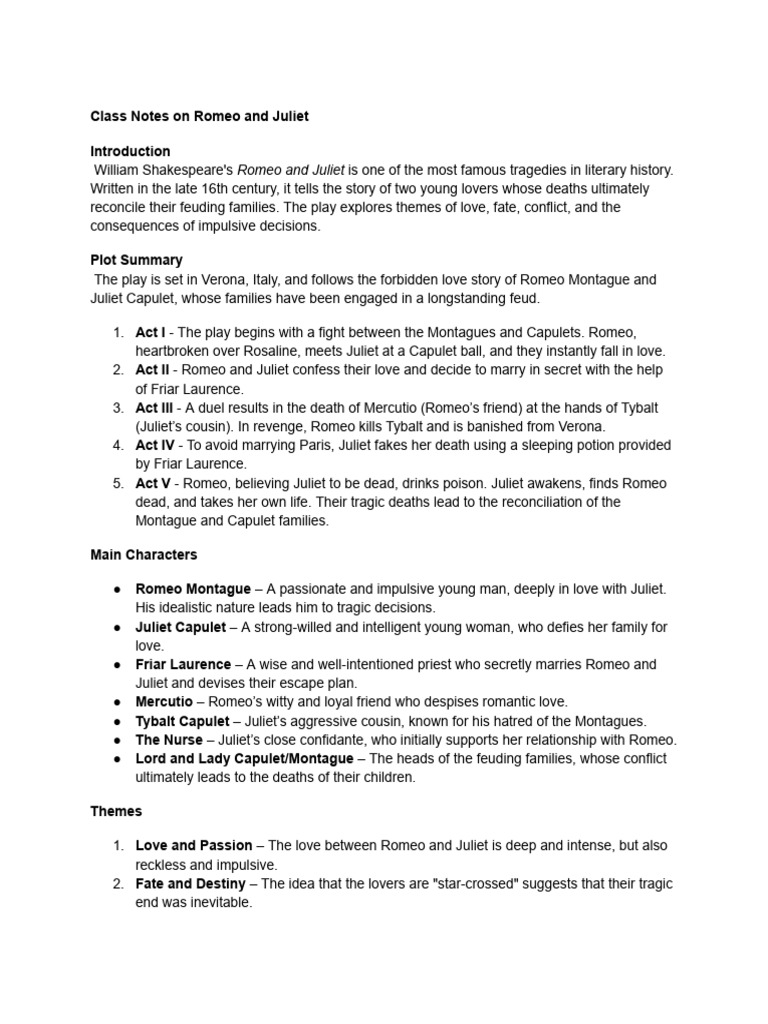 Class Notes on Romeo and Juliet | PDF | Characters In Romeo And Juliet ...