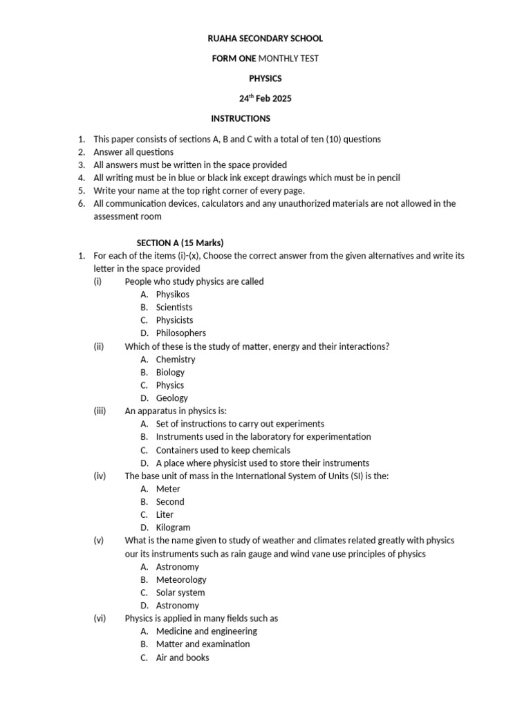 Form One Physics Monthly Test 2025 | PDF | Experiment | Physics