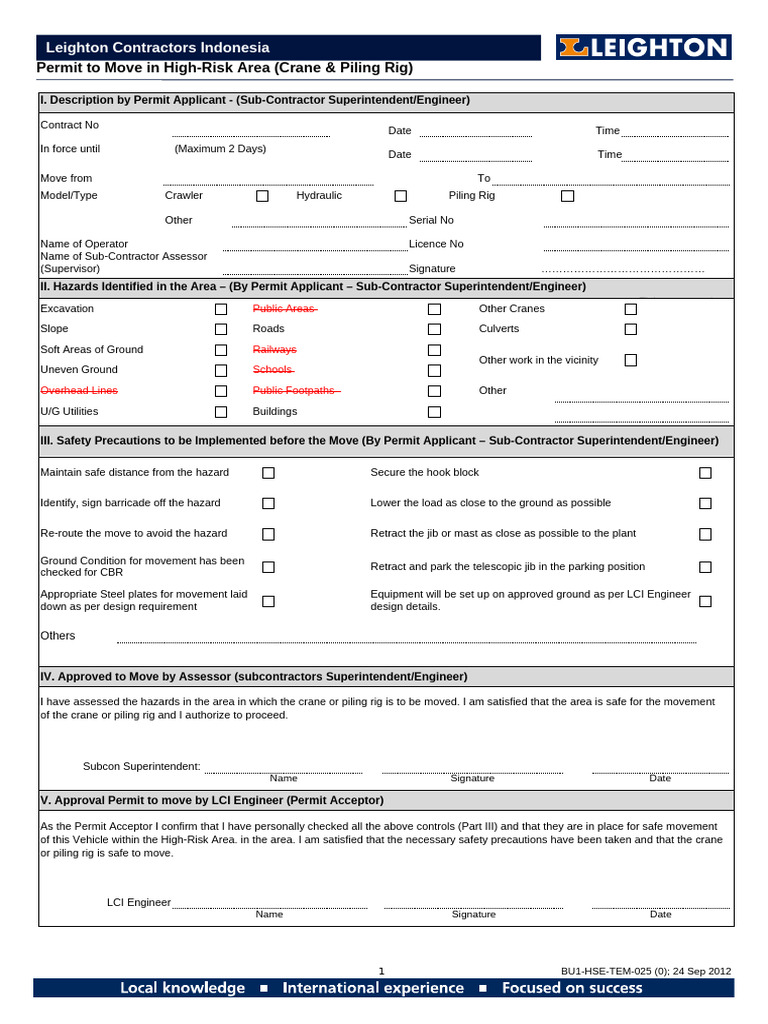 Permit To Move in High Risk Area | PDF | Crane (Machine)