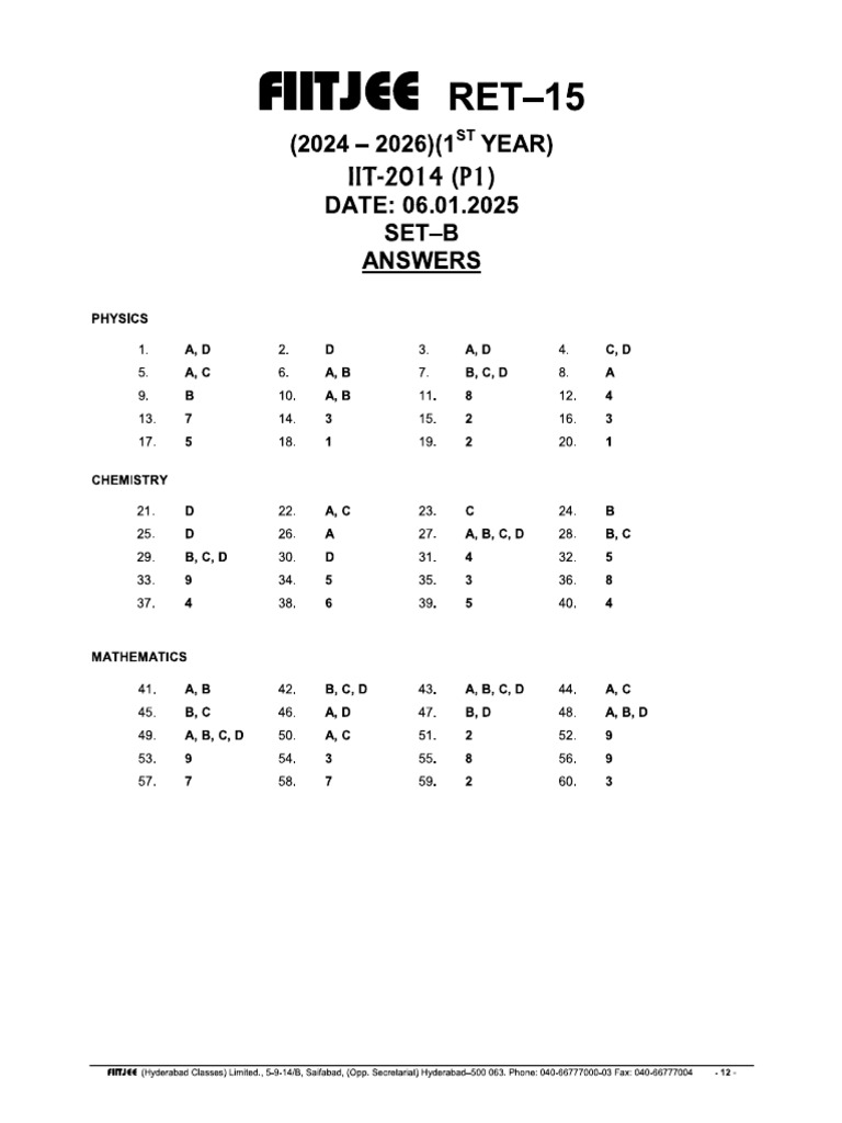 Ret-15 - (1ST Yr) - 2014 (P1) - Set-B - 06.01.2025 Key | PDF