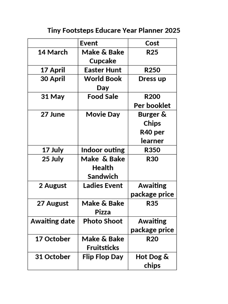 Tiny Footsteps Educare Year Planner | PDF