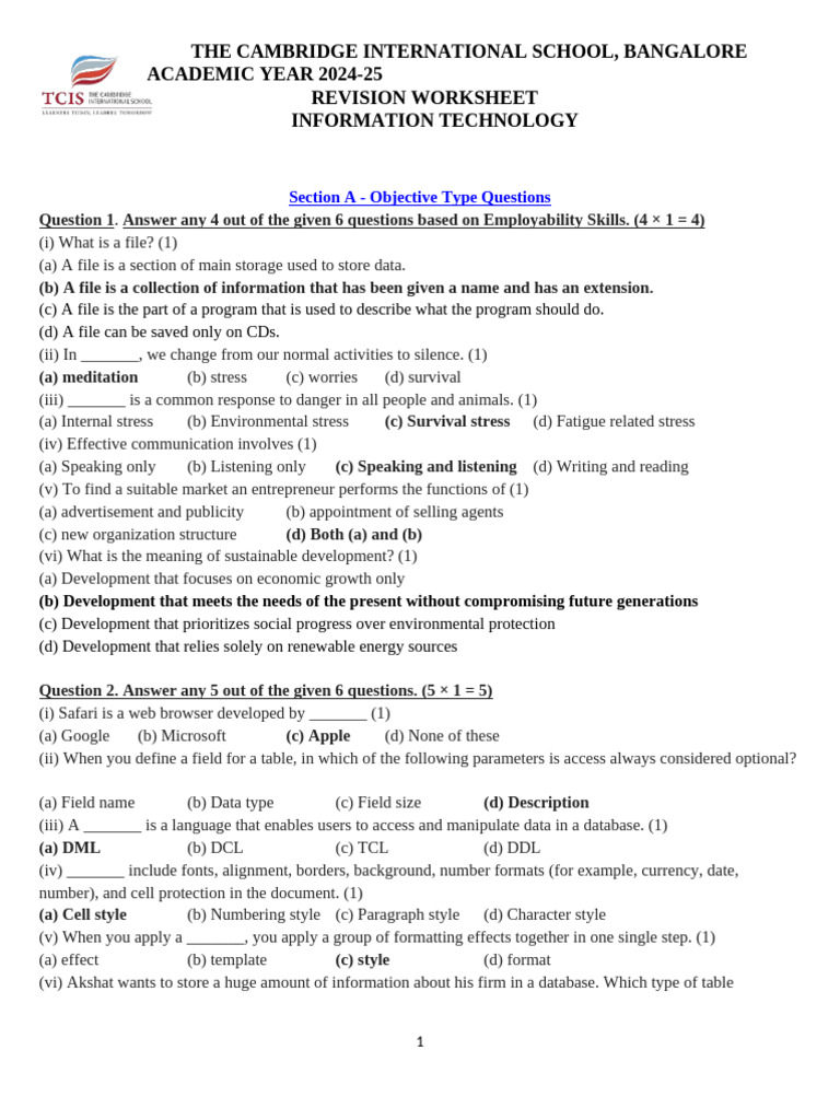IT Revision Worksheet for 2024-25 | PDF | Computing | Data Management