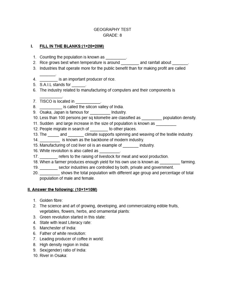 Geography Test (1 Marks) | PDF