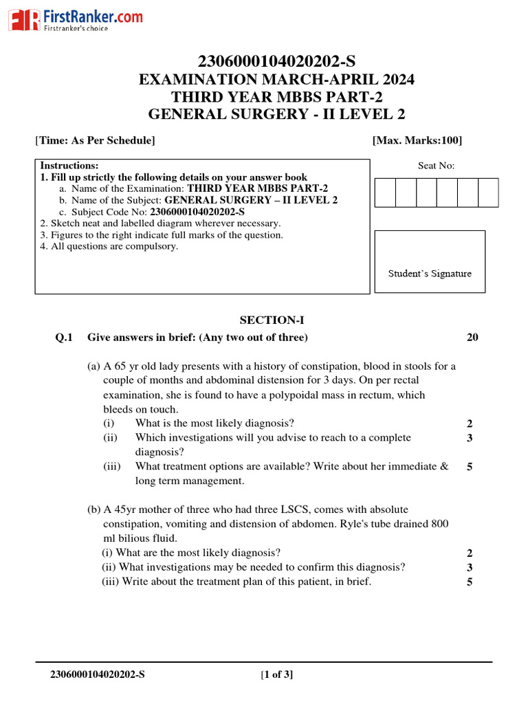 Examination March-April 2024 Third Year Mbbs Part-2 General Surgery - Ii Level 2 | PDF ...