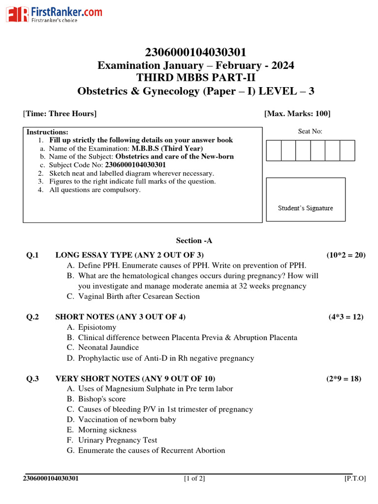 Examination January February - 2024 Third Mbbs Part-Ii Obstetrics ...