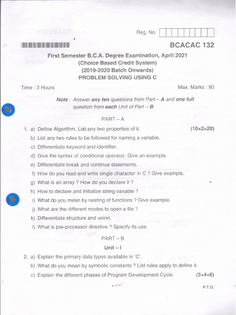 BCA I Semester Programming Language C April 2021 | PDF