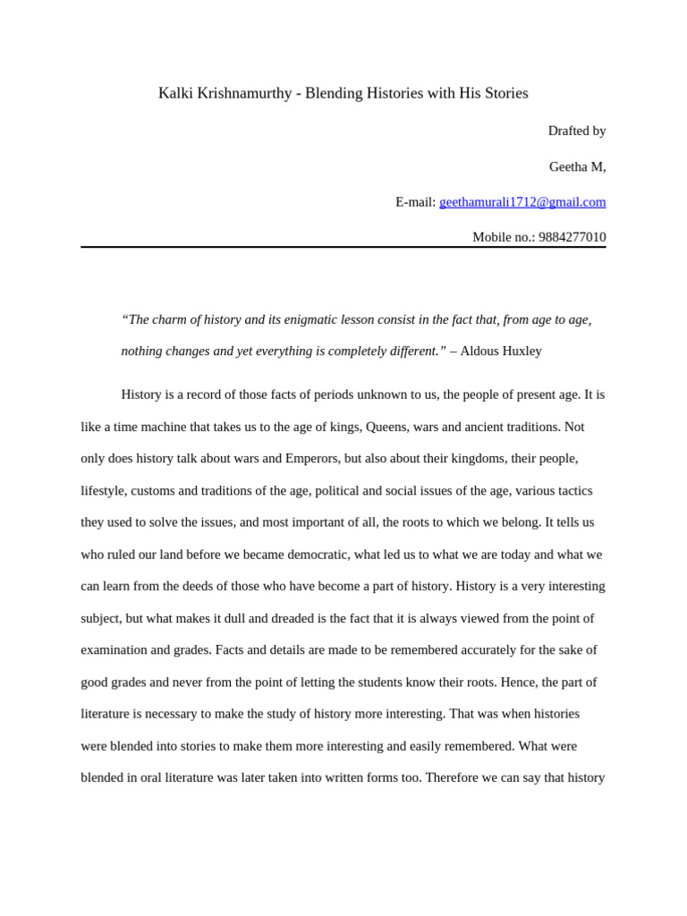 Kalki Krishnamurthy - Blending Histories with His Stories | PDF | Tamil ...