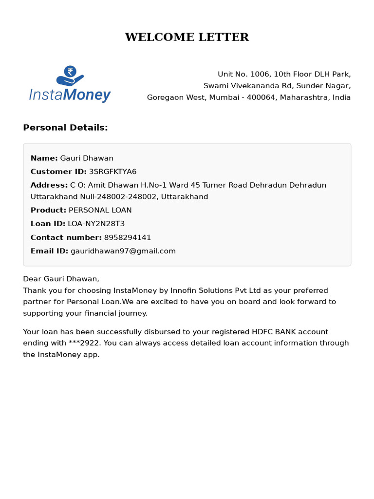 Personal Loan Welcome Letter | PDF | Loans | Credit