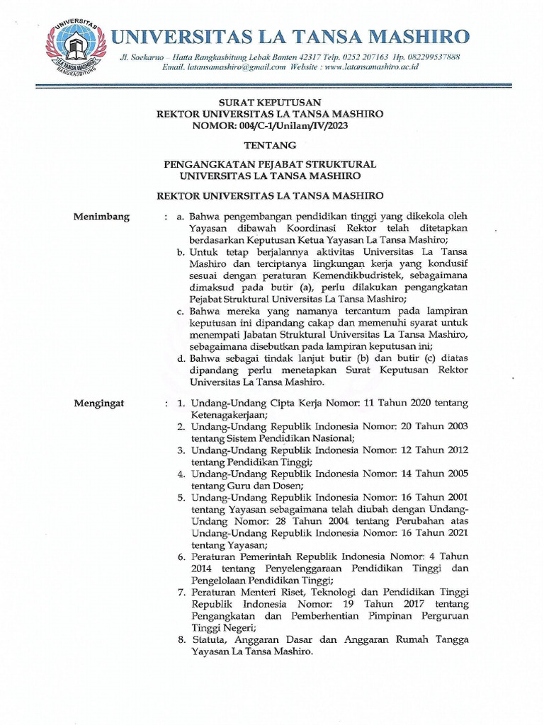 SK Struktural Universitas La Tansa Mashiro | PDF