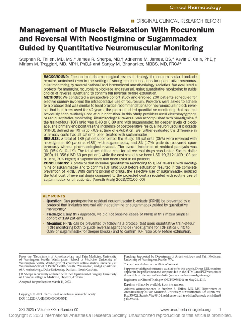 Anesthesia & Analgesia 2023 (Management of Muscle Relaxation With ...