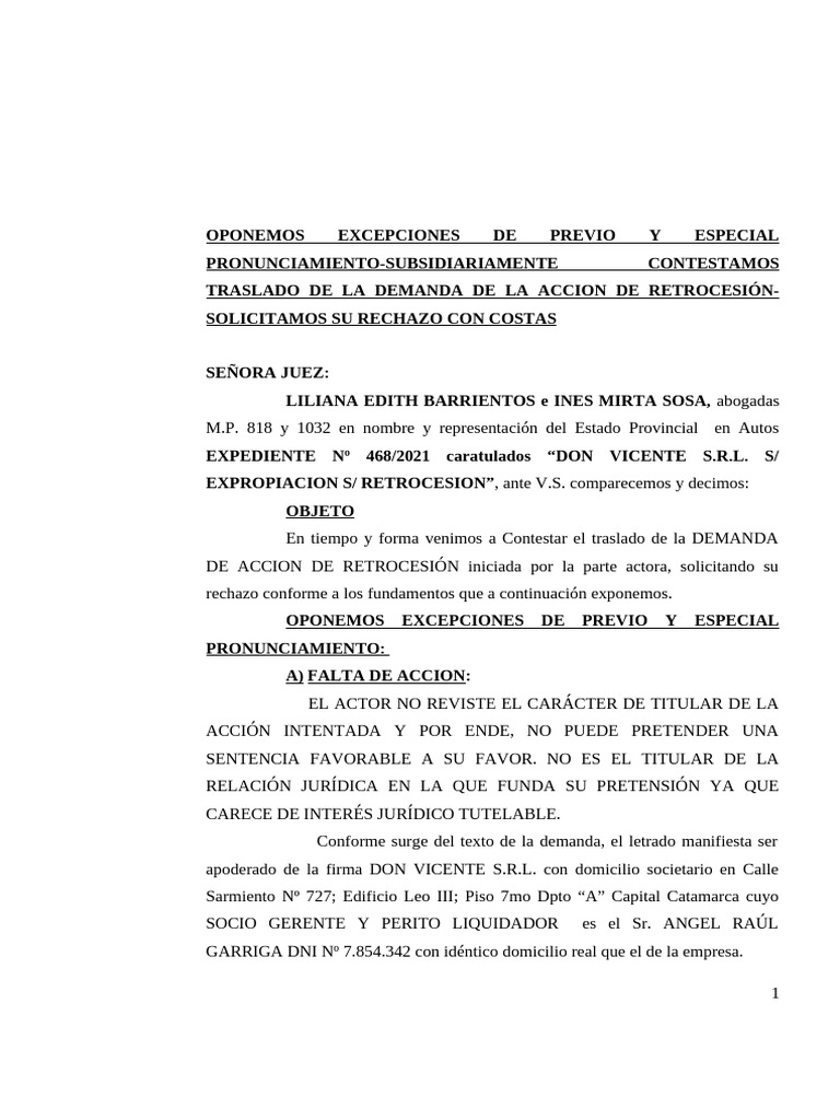 Contestamos Demanda de Retrocesion Don Vicente SRL Ines | PDF ...