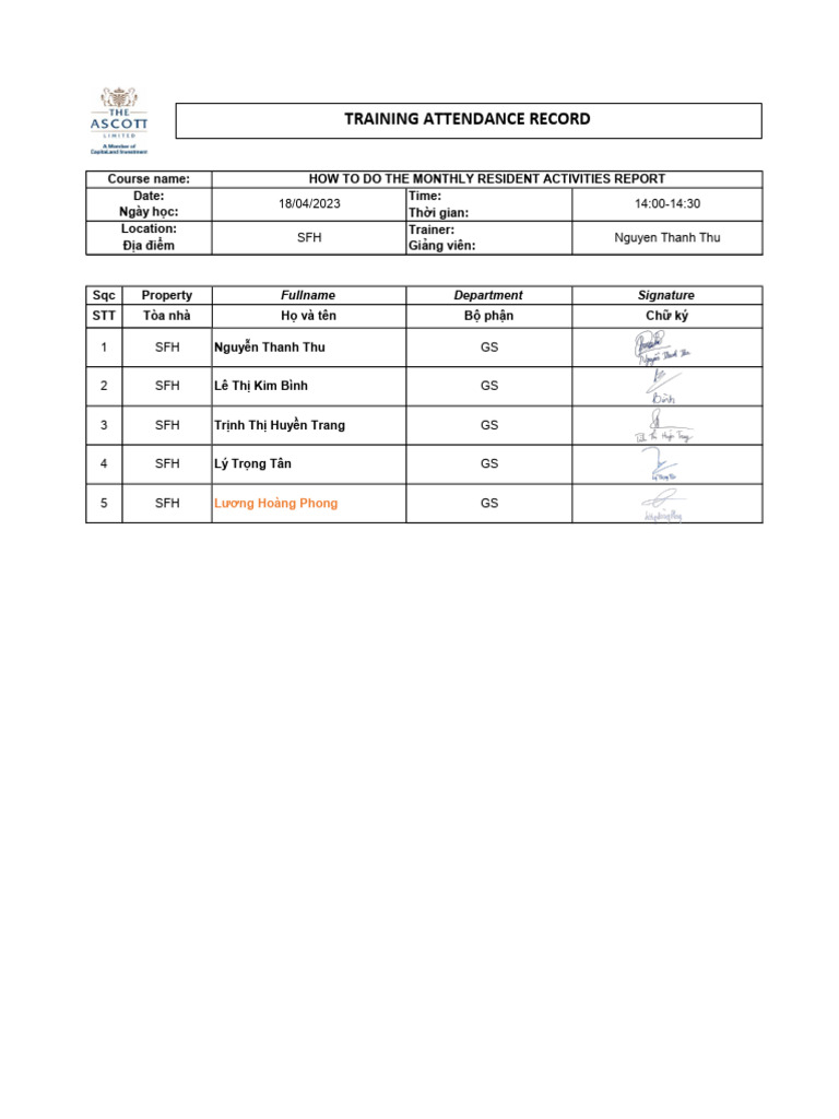 SFH - GS - Training Monthly Resident Activity Record | PDF