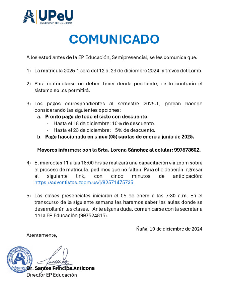 EP Educación - Comunicado Matricula Semipresencial 2025-1 | PDF
