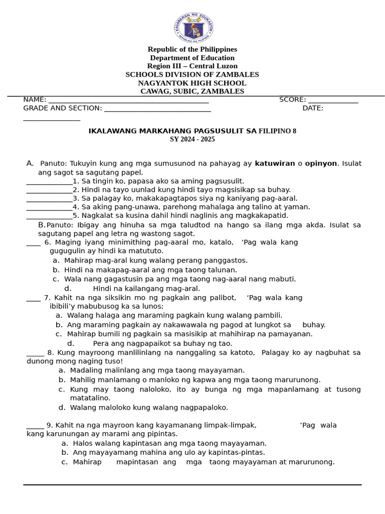Fil. 8 2ND. Quarter Exam Sy 2024-2025 | PDF