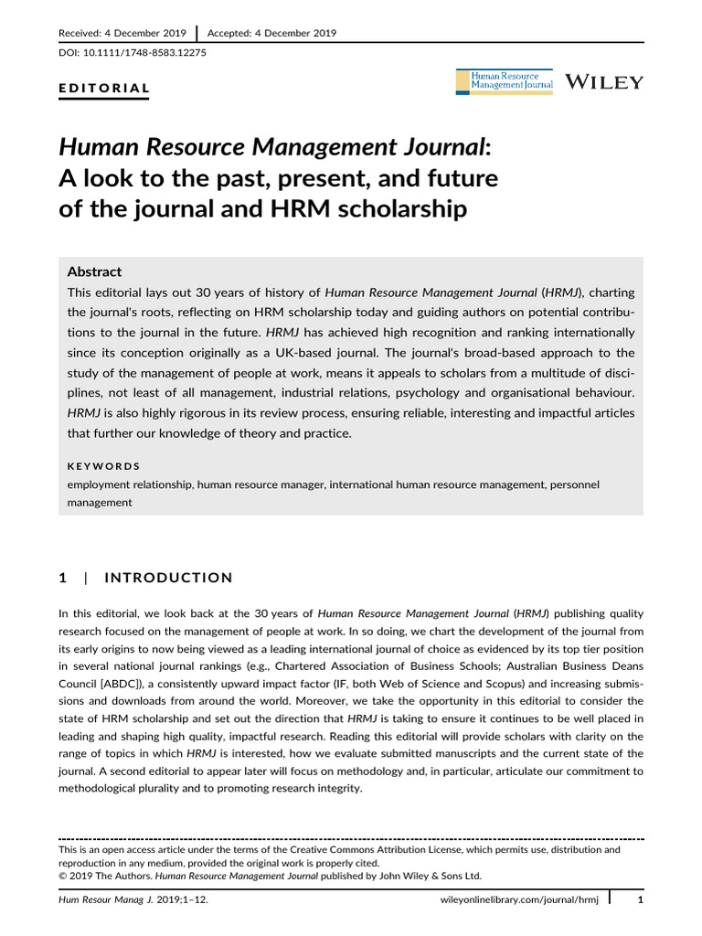 Human Resource Management Journal A Look To The Pa | PDF | Human ...