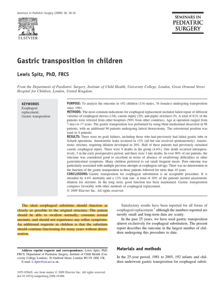Pediatric Gastric Transposition Outcomes | PDF | Esophagus | Stomach