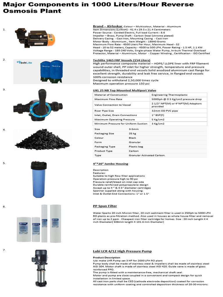 1000 LPH Reverse Osmosis Plant Components | PDF | Membrane | Pipe ...