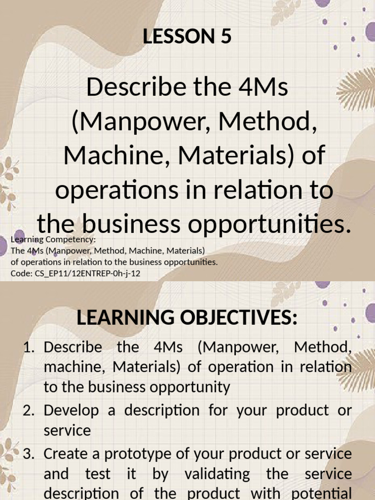 LESSON 5 - 4M's of OPERATION | PDF | Supply Chain | Business