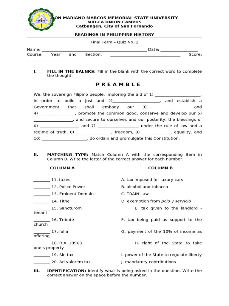 Quiz No. 1 -Phil Consti and Taxation | PDF | Taxes | Government