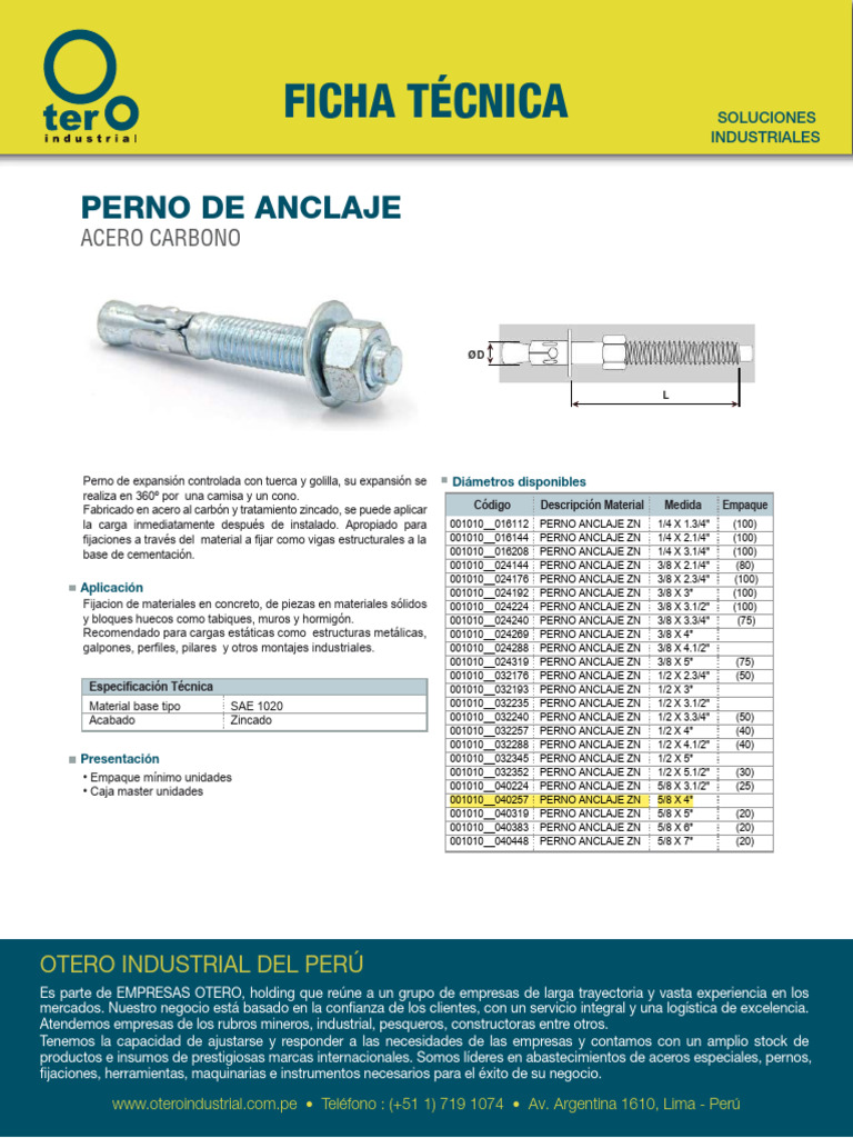 Ficha Técnica de Pernos Expansivos | PDF | Tornillo | Unión