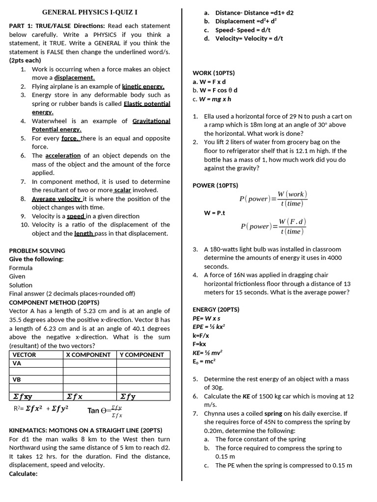General Physics I-Quiz I | PDF | Force | Potential Energy