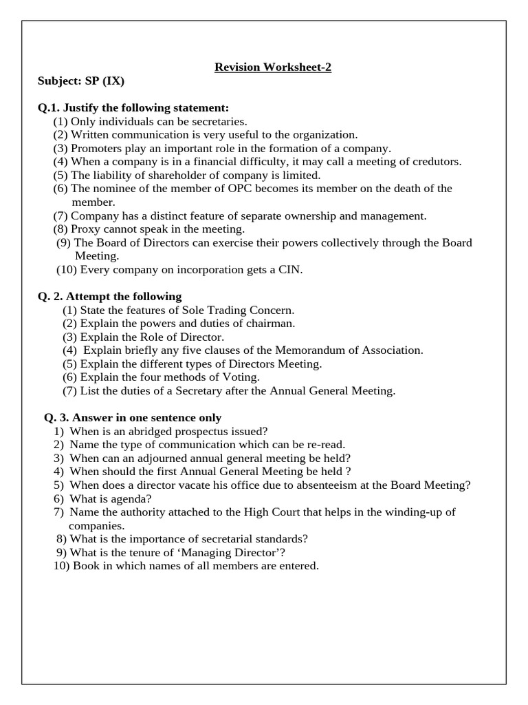 Revision Worksheet for Company Law | PDF