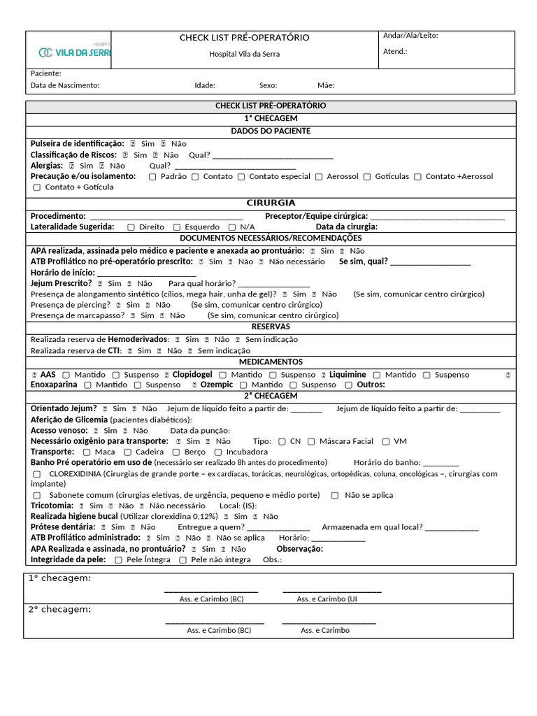 Check List Pré-Operatório | PDF | Medicina Clínica | Especialidades médicas