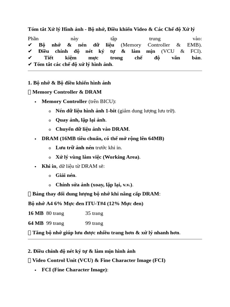 Tóm Tắt Xử Lý Hình Ảnh - Bộ Nhớ, Điều Khiển Video & Các Chế Độ Xử Lý | PDF
