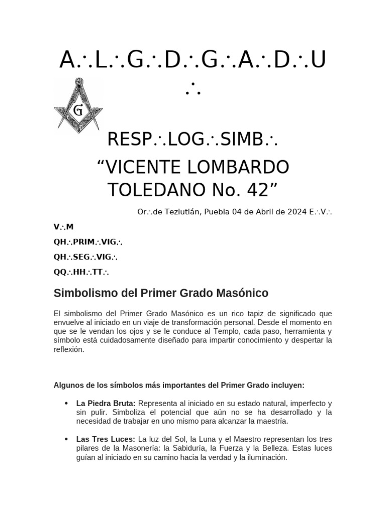 Simbolismo Del Primer Grado Masónico | PDF | Masonería