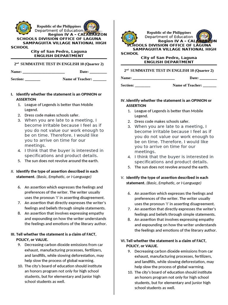 English 10 Summative Test Answer Key | PDF | Climate Change ...